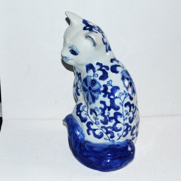 Accents | Beautiful Ceramic White Ceramic Cat With Blue Floral Designs ...